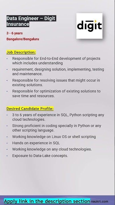 Digit Insurance | SQL, Python, Linux | Data Engineer | Bangalore | Full ...