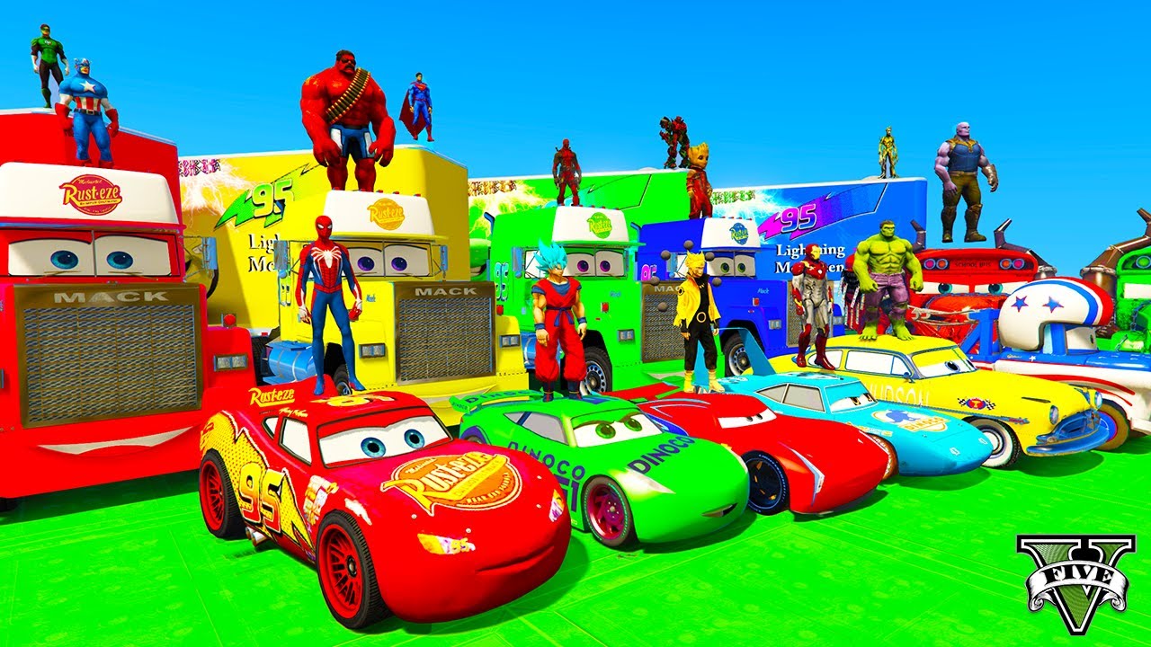 SPIDERMAN McQueen Race All Disney Cars on MEGA RAMP ! SUPERHERO HULK ...
