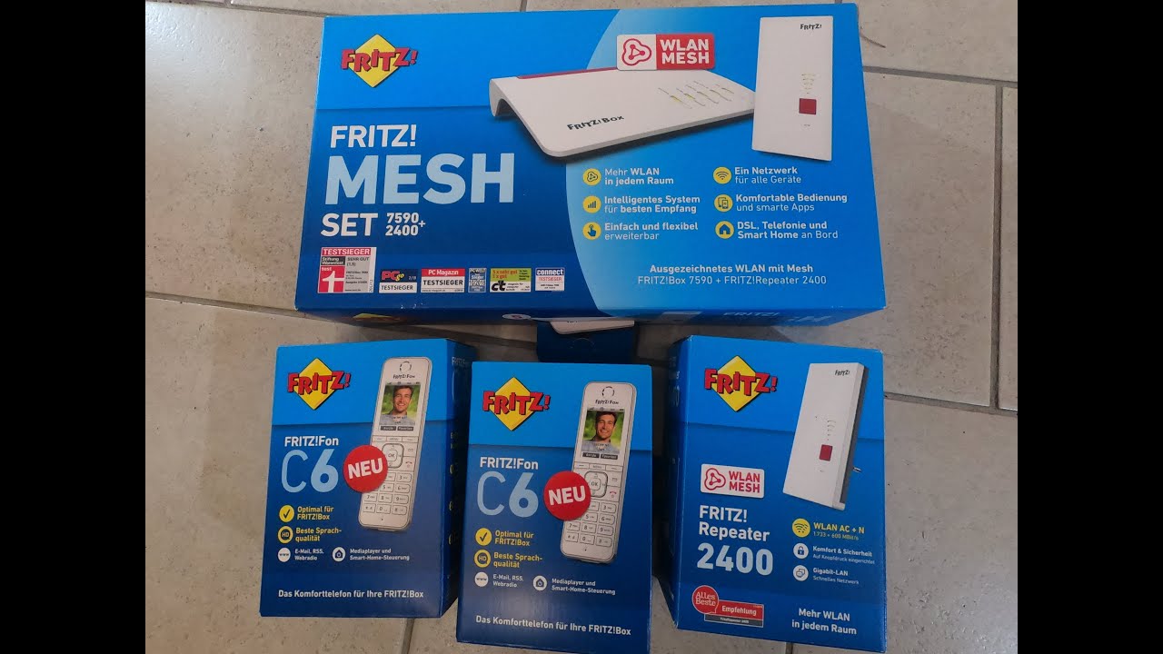 Friz Box 7590 mit zwei Mesh Repaeter 2400 und Fritz Fon C6 Unboxing und ...
