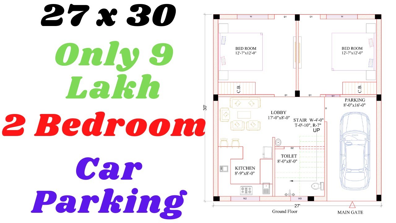 27 x 30 Village type 2 Bedroom House Design | 27 x 30 with car parking ...