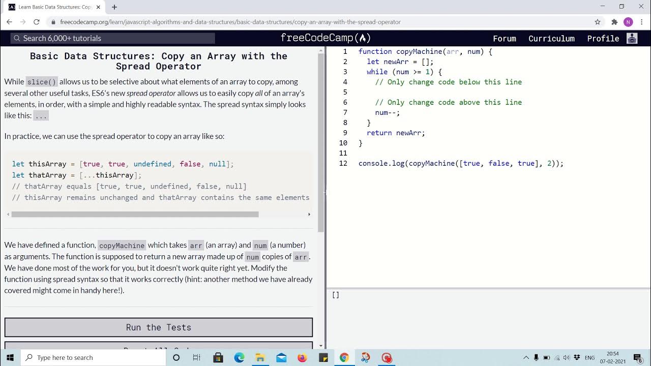 Tutorial 8 - copy an array using spread operator - freecodecamp - YouTube