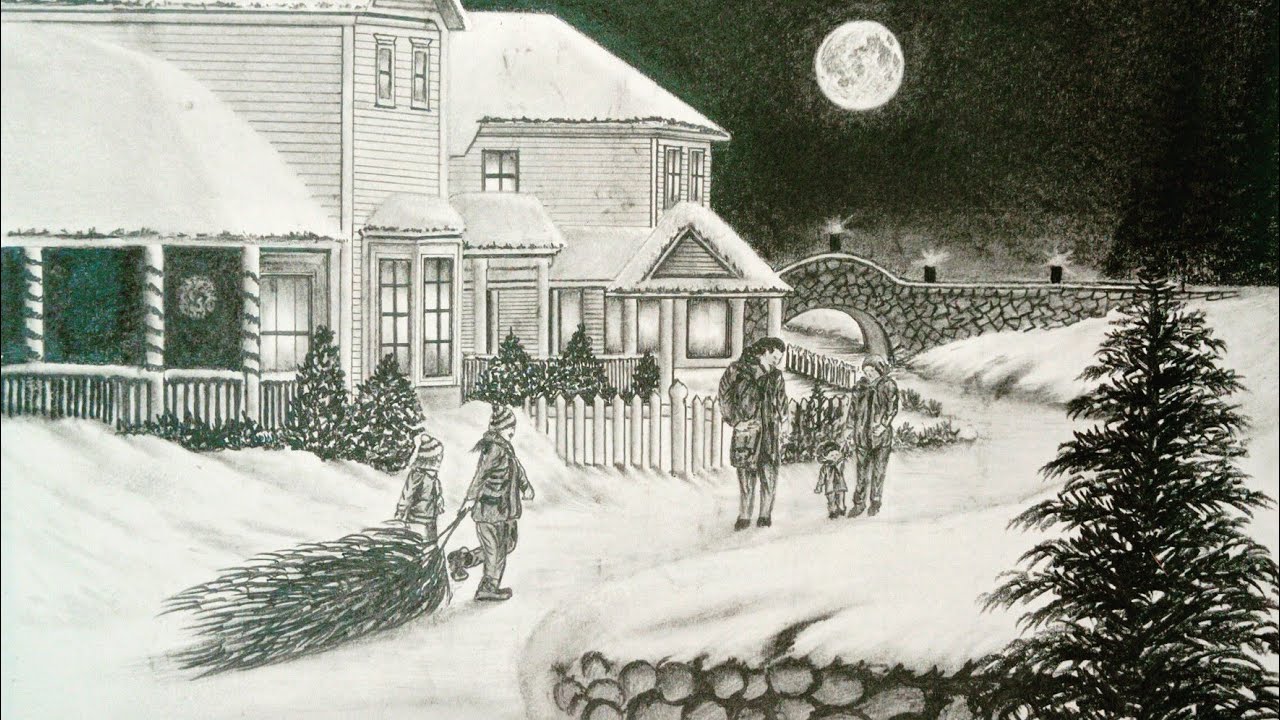 Pencil drawing landscape for christmas season, Drawing winter season ...