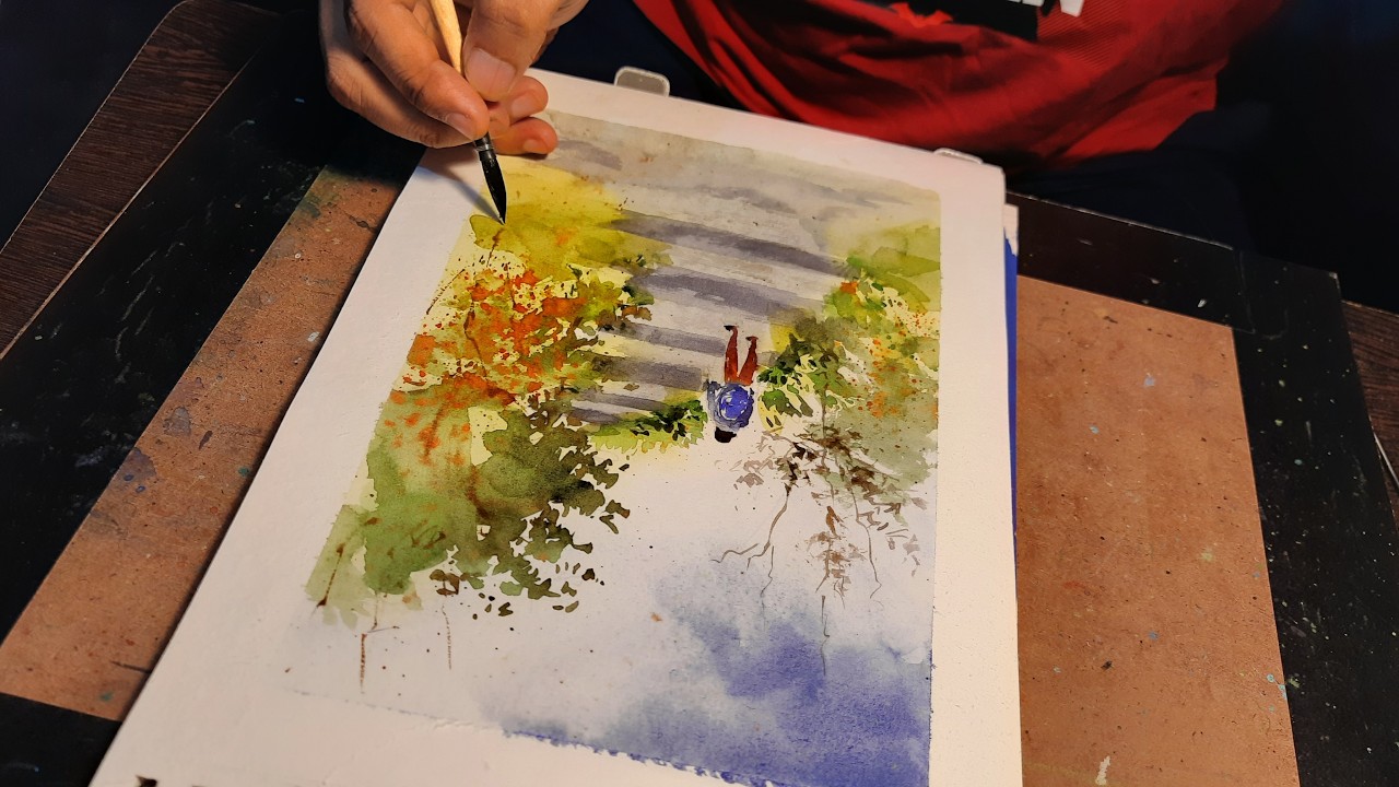 Simple watercolor landscape painting for beginners - YouTube