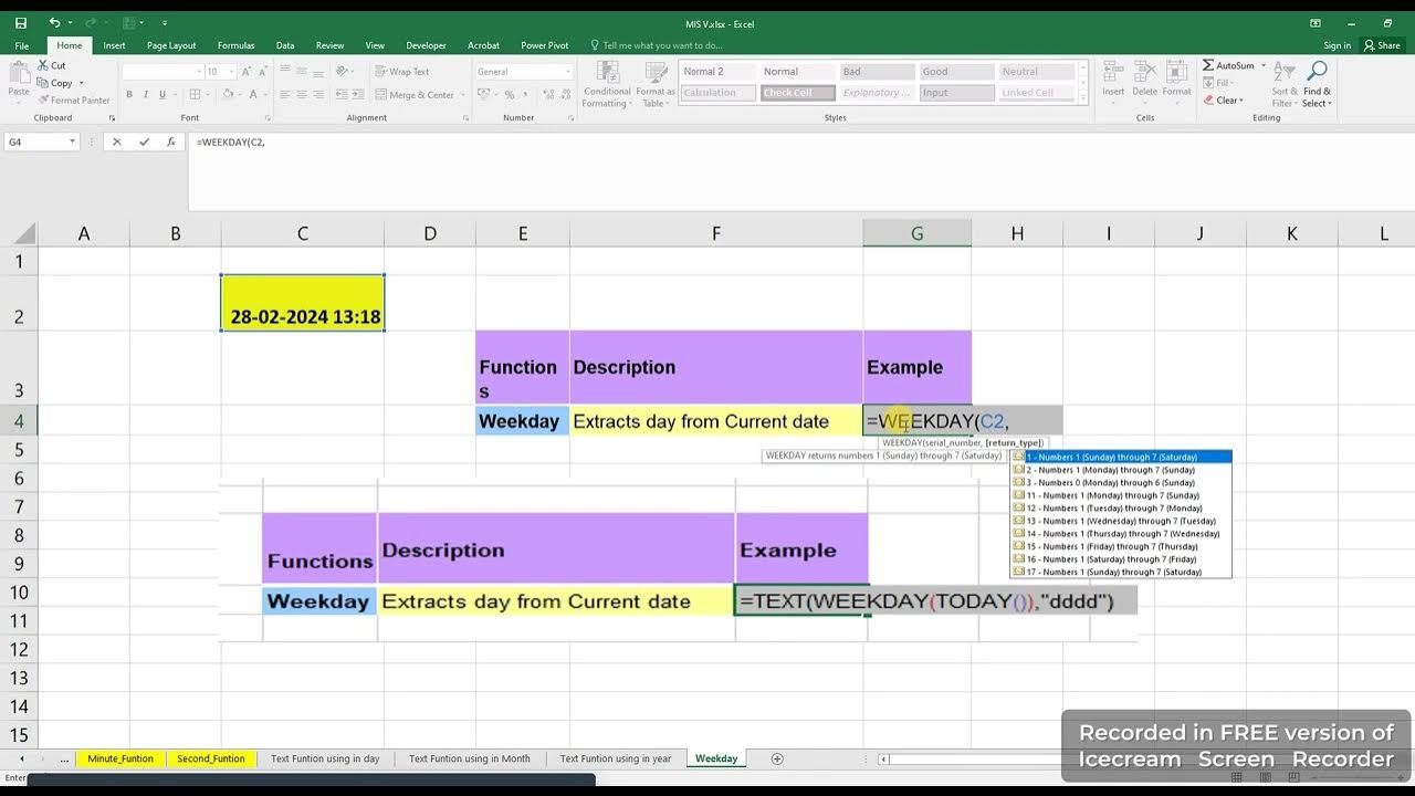Find out the weekday in excel using Text Function - YouTube