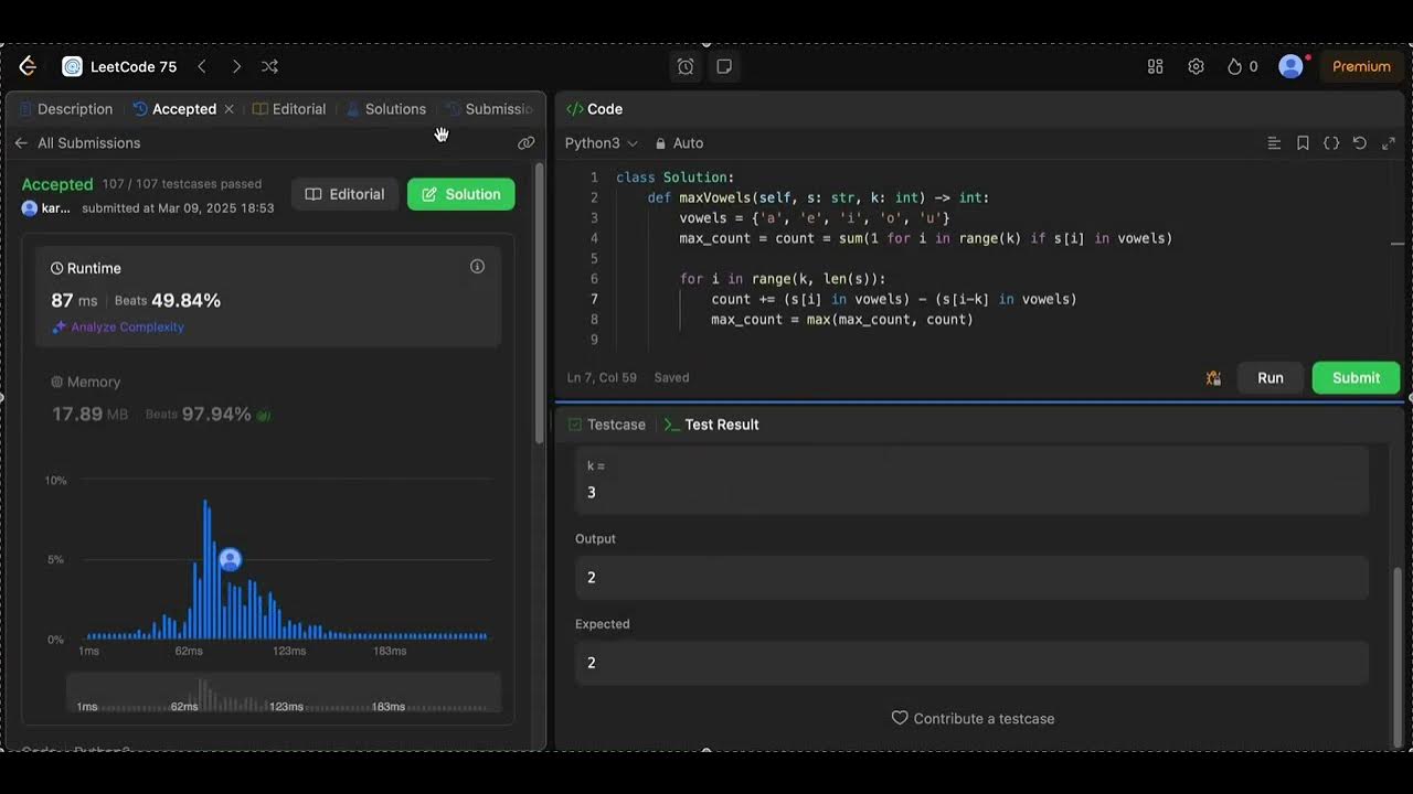 Leetcode 75 - Maximum Number of Vowels in a Substring of Given Length - 15 of 75 - Python ...