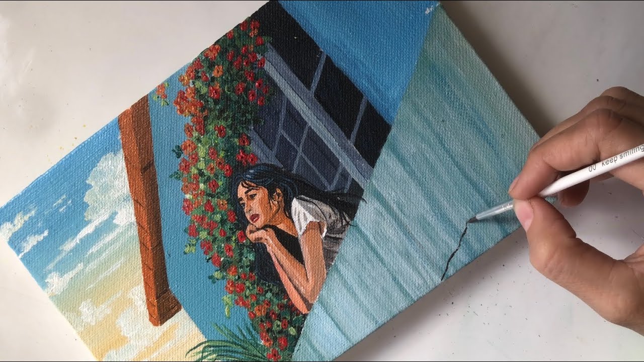 How To Draw A Girl standing in Terrace |Acrylic Painting Tutorial | A ...