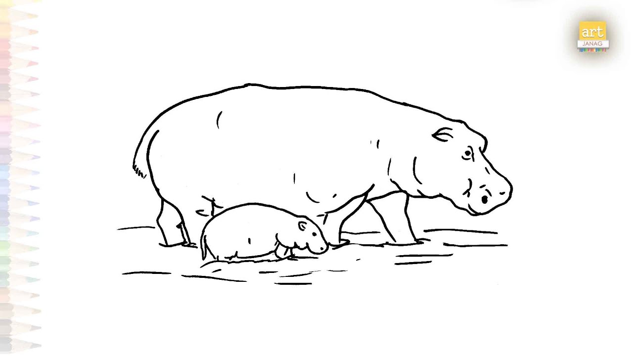Baby and Mother hippopotamus drawing easy | Animal drawing tutorial ...