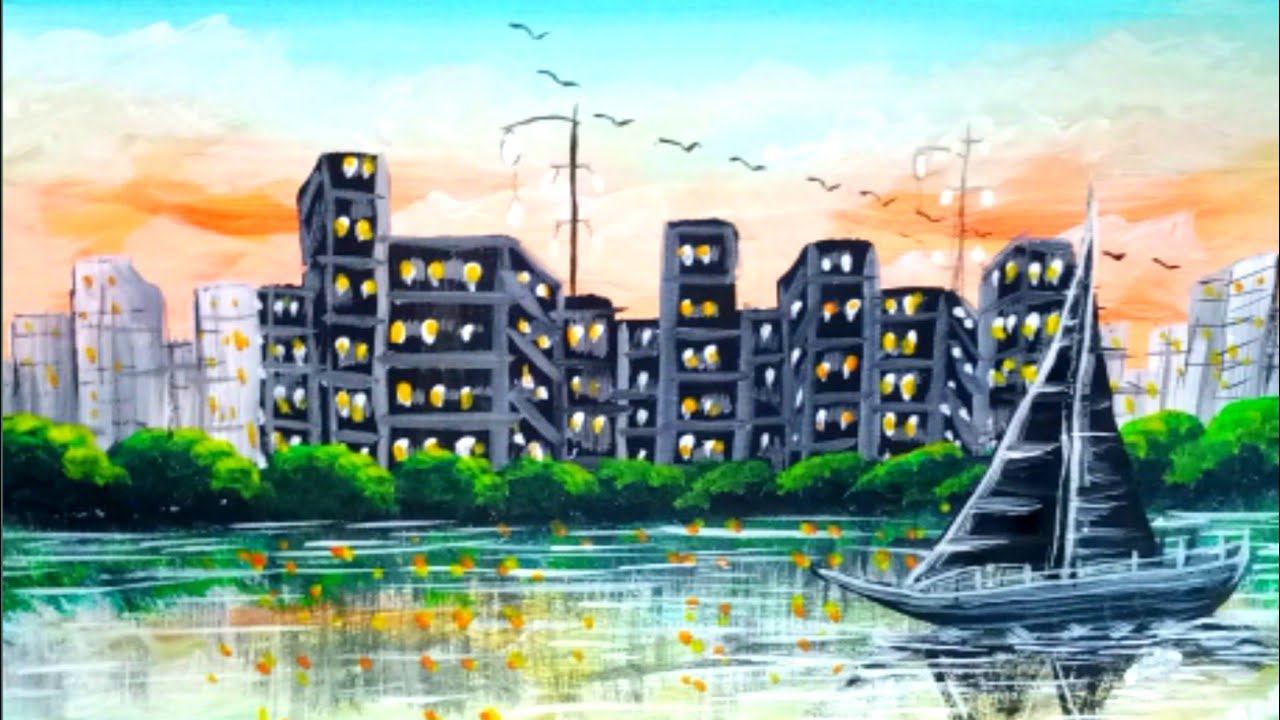 How to painting cityscape scenery | Cityscape painting | Acrylic ...