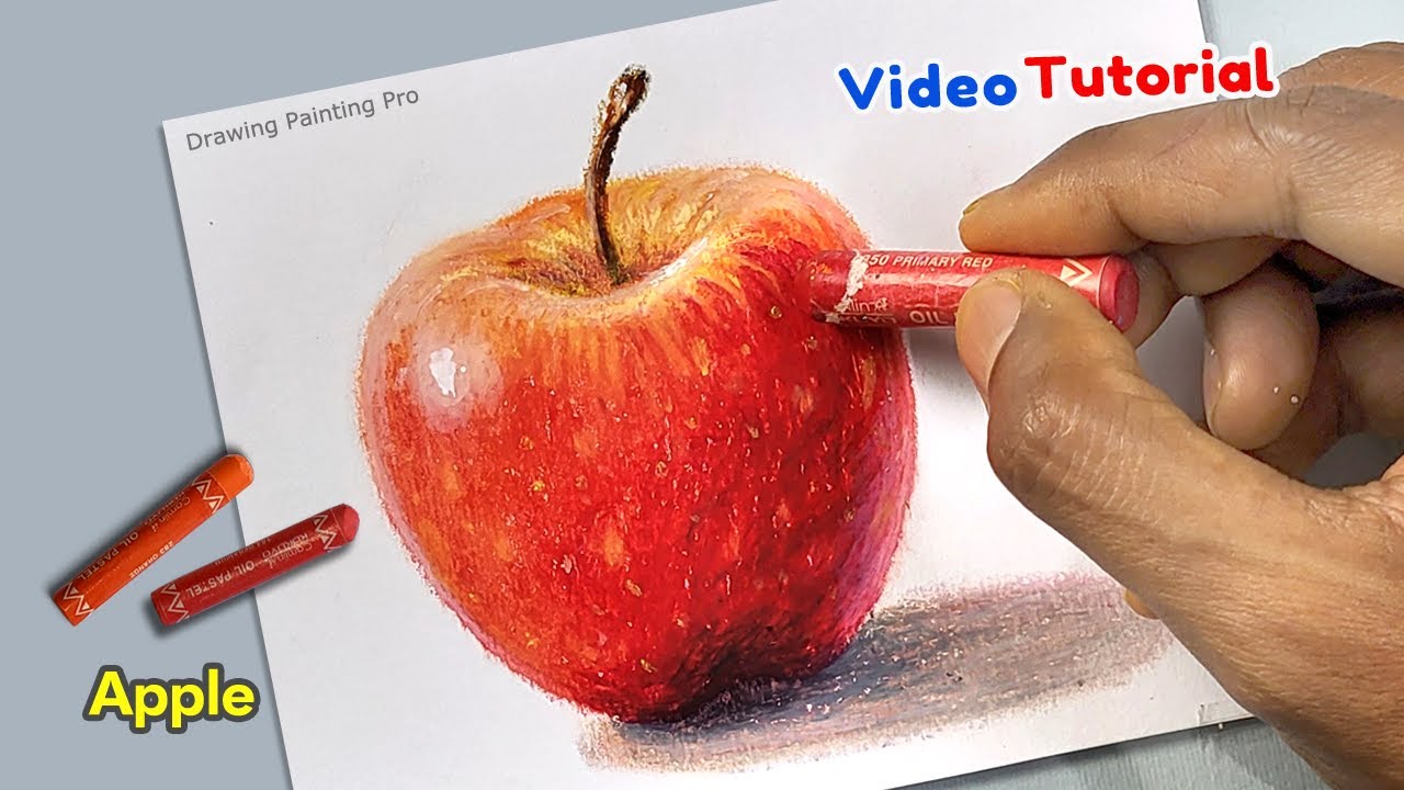 How to Draw realistic Apple with Oil Pastel | Step by Step Apple fruit ...