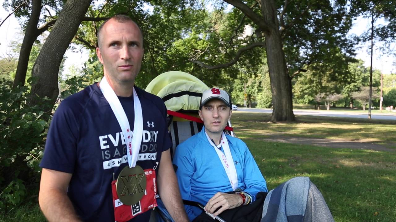 Brother helps twin with brain cancer finish Half Marathon - YouTube