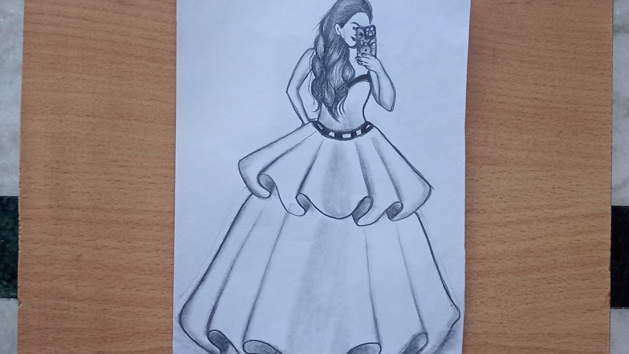 How to draw a girl with beautiful dress and taking selfie // pencil ...