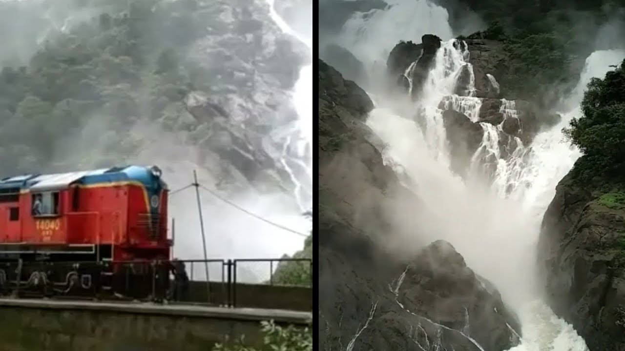 Dudhsagar falls view from inside and outside of train - YouTube