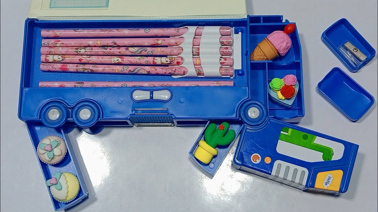 Blue colour pencil box full of Stationery items #stationary #pencilbox ...