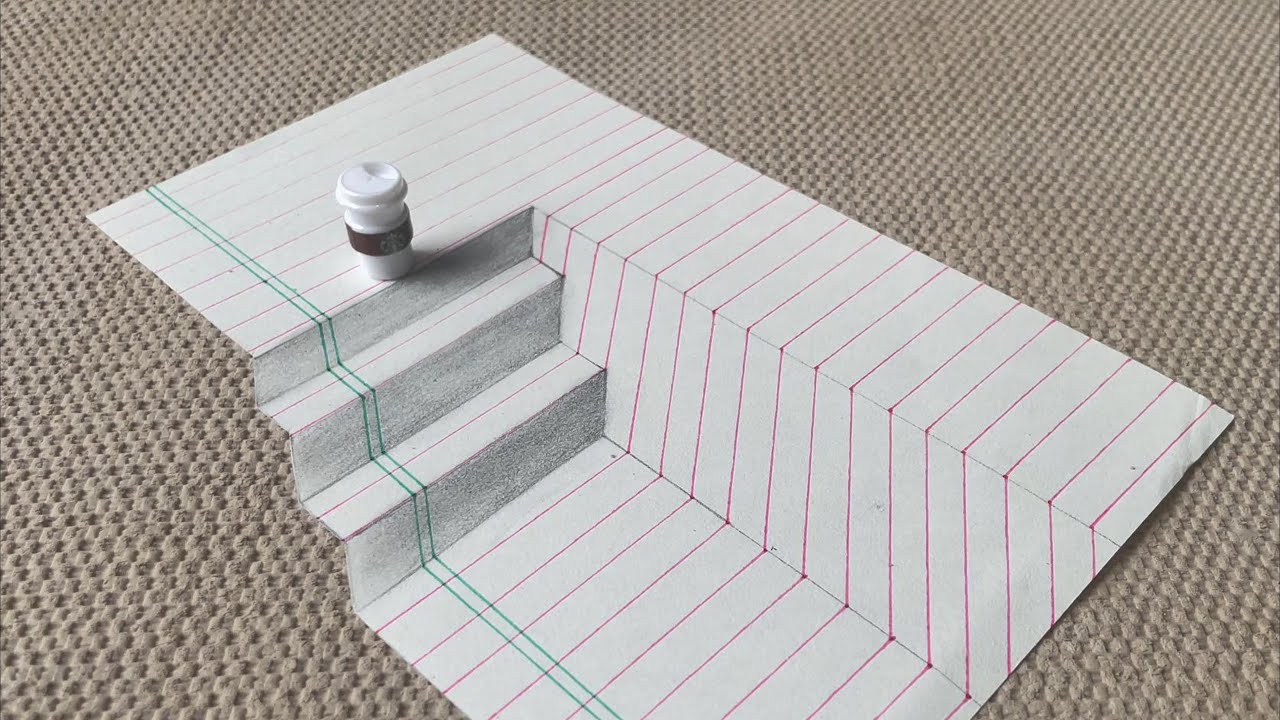 How to Draw 3D Stairs on Lined Paper | Step-by-Step Optical Illusion ...