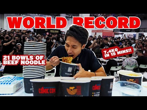 21 BOWLS OF BEEF NOODLES EATEN IN 15 MINUTES! | COMIC CON BEEF NOODLE EATING CONTEST WORLD RECORD!