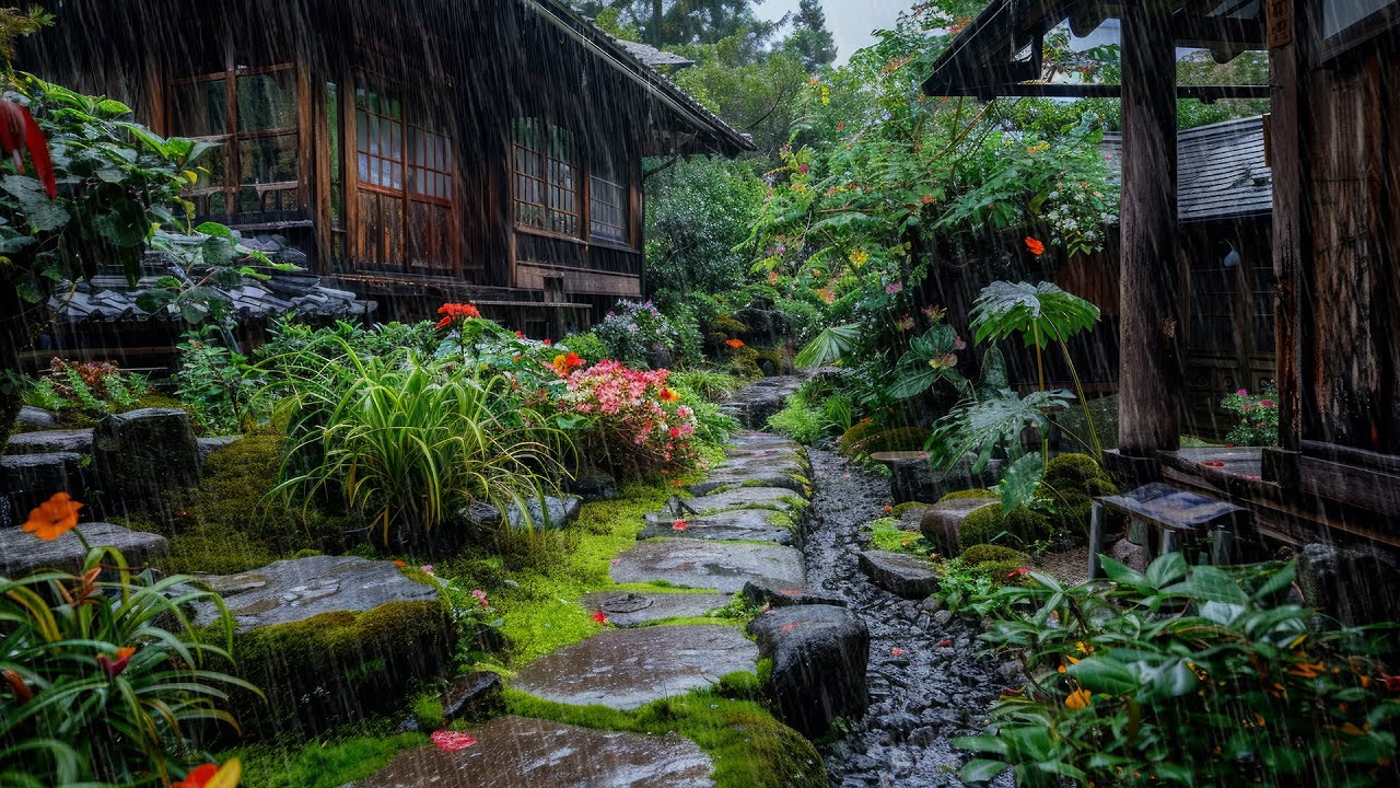Calm Scenery with Rain in Japanese Garden - Rain Sounds for Stress ...