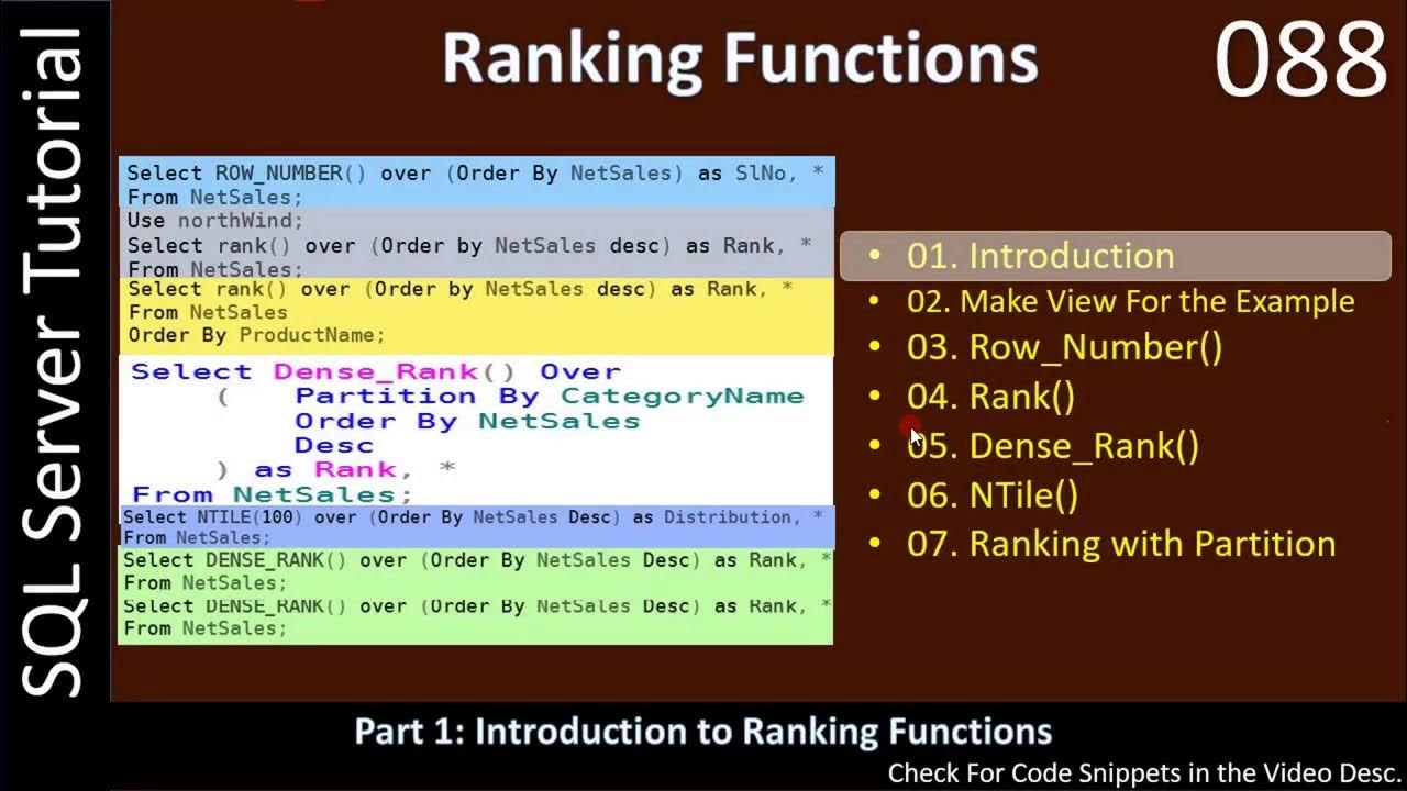 088 Ranking Function Part 1 Introduction Ssms Tsql Tutorial 88 Youtube