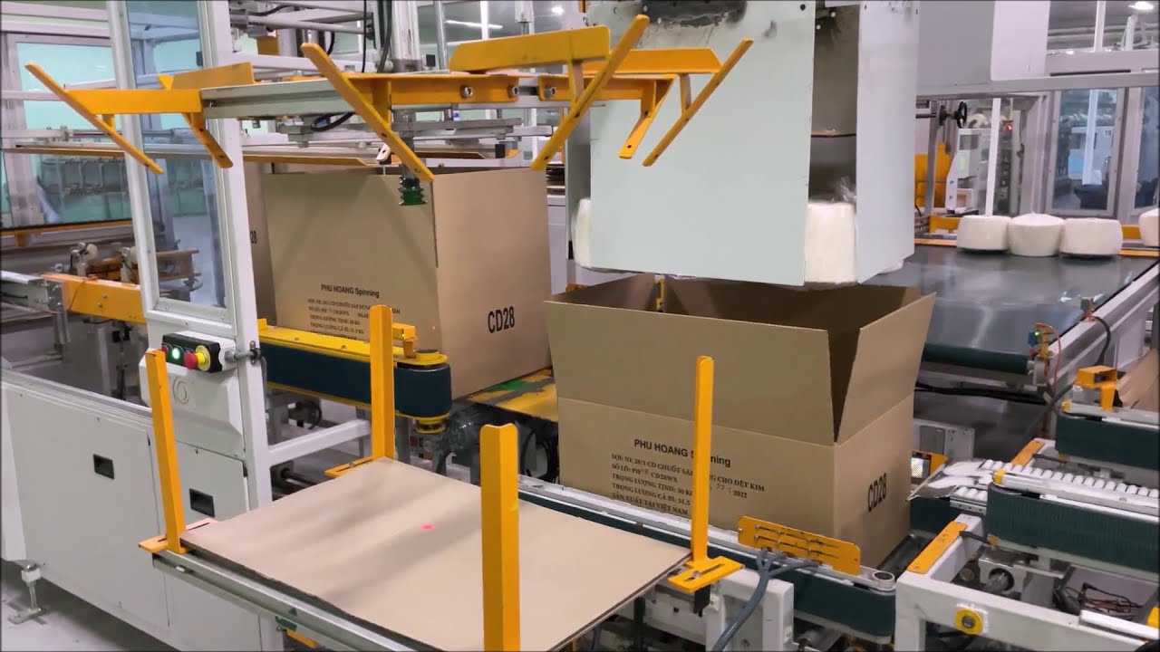 Automatic boxing line for yarn cones packing Vietnam - YouTube