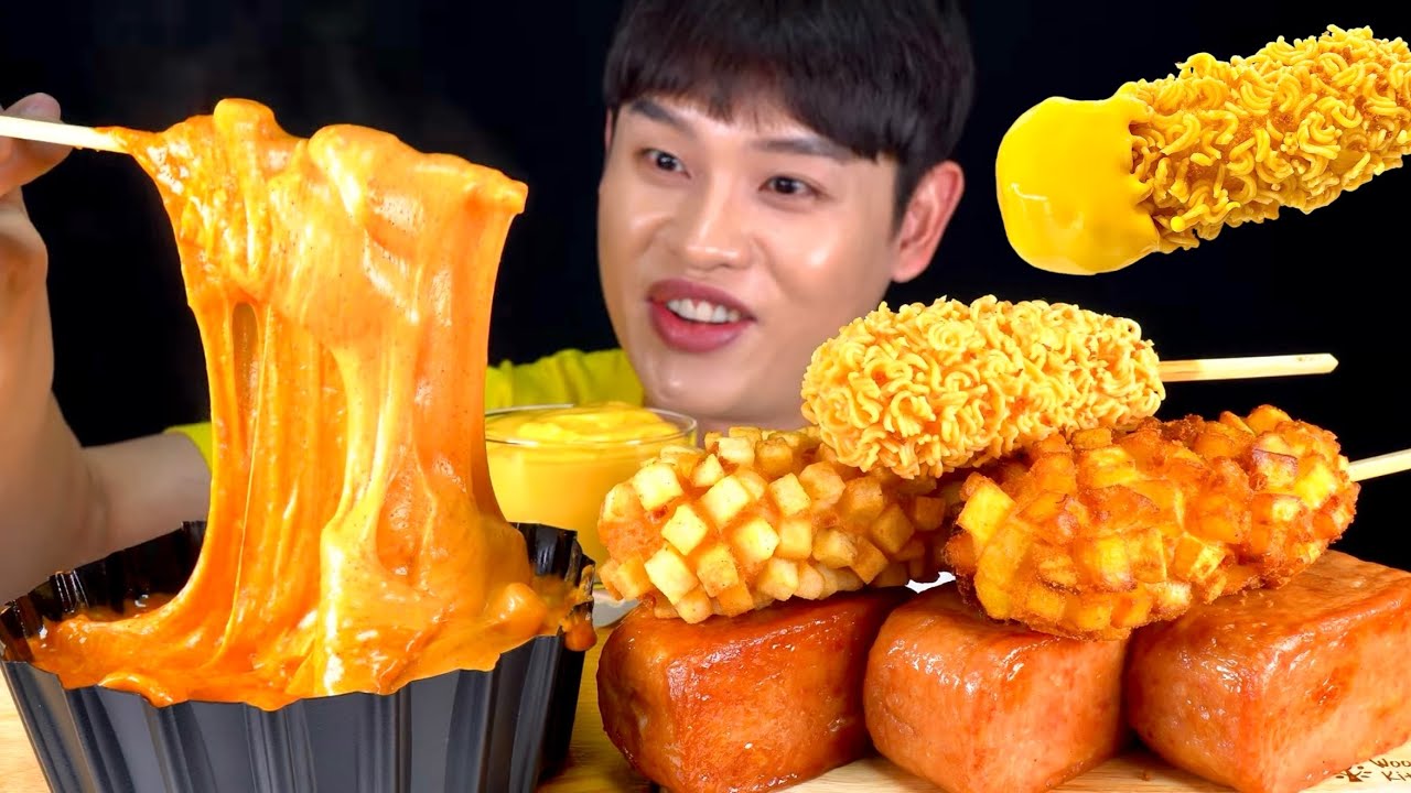 ASMR 모짜렐라치즈 가득 넣은 떡볶이와 통스팸 라면땅 고구마 감자 핫도그 찍먹방~! Cheese Tteokbokki With ...