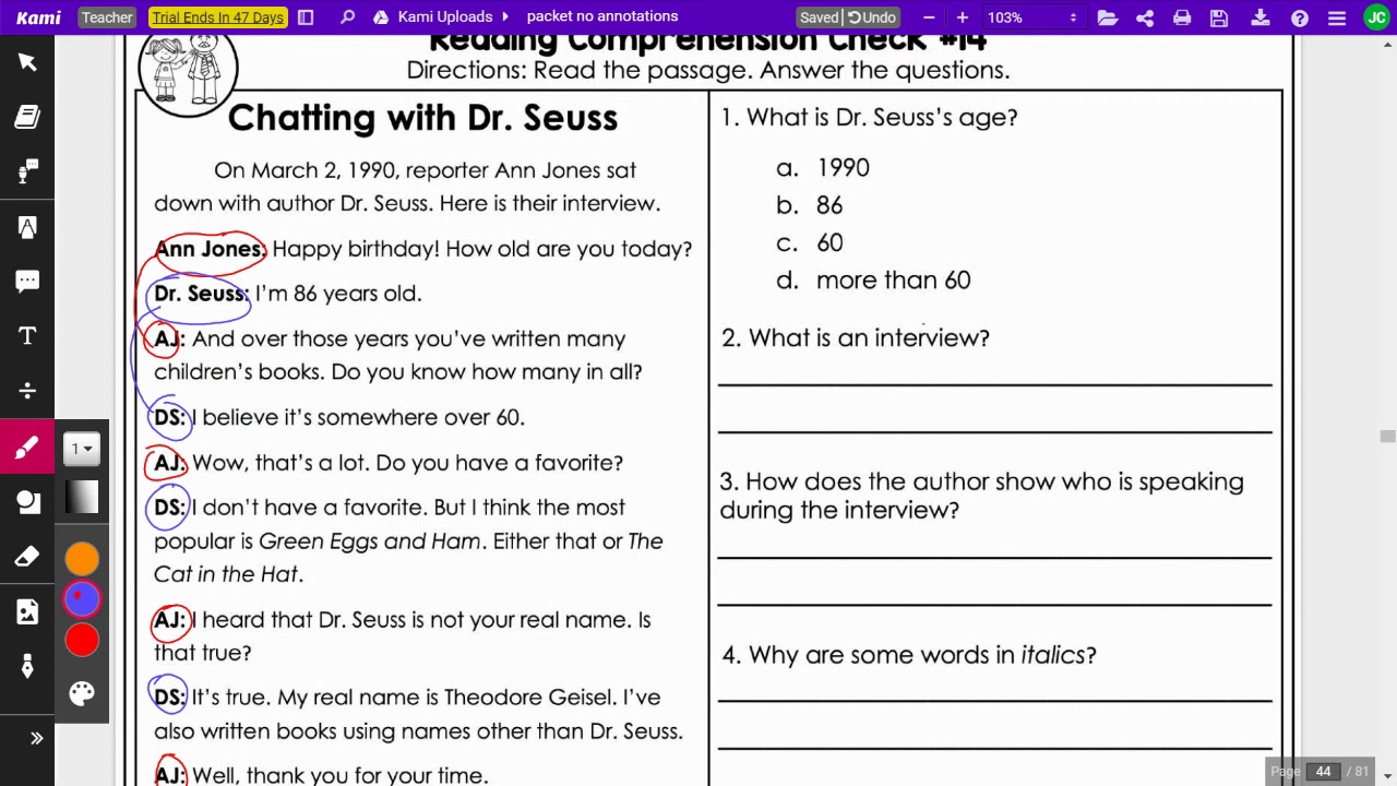 Reading Comprehension Check #14- Chatting with Dr. Seuss; Week 2, Day 3 ...