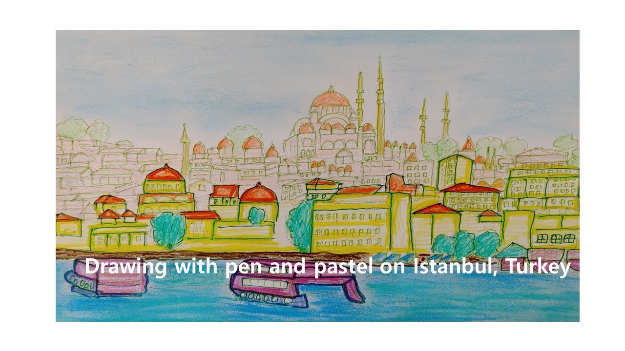 Drawing with pen and pastel on Istanbul, Turkey - YouTube
