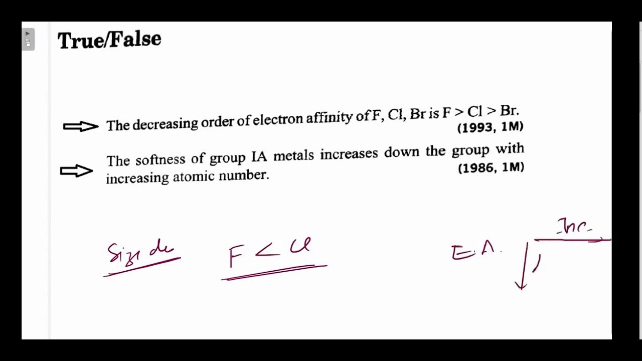The decreasing order of electron affinity of F, Cl, Br is - YouTube