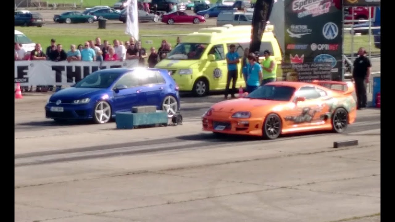 2JZ Toyota Supra Mk4 vs VW Golf R Mk7 1/4 mile drag race - YouTube
