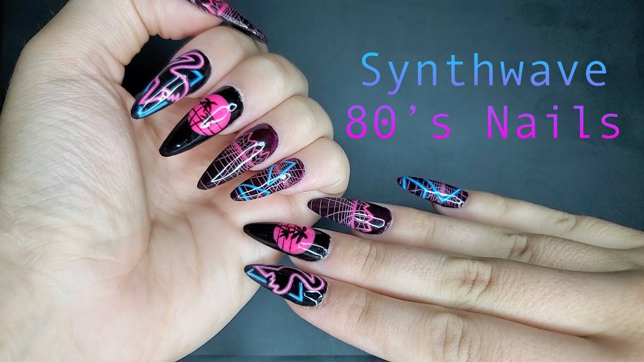 Synthwave Long Stiletto Nail Extensions 💜 | Nail Art ASMR | 80's ...