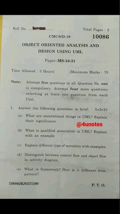 UML Question Paper MS-16-31 #kuk #computerscience #uml Subscribe for solutions and explanation ...