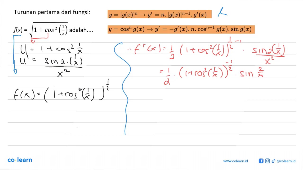 Turunan Pertama Dari Fungsi F x Akar 1 Cos 2 1 x Adalah