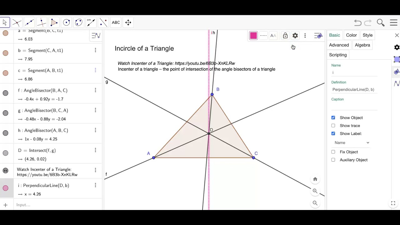 Geogebra: Incircle of a Triangle - YouTube