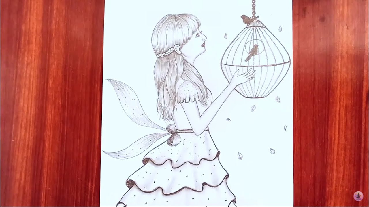 Girl Holding bird cage (Pencil Drawing): How to draw a girl holding ...