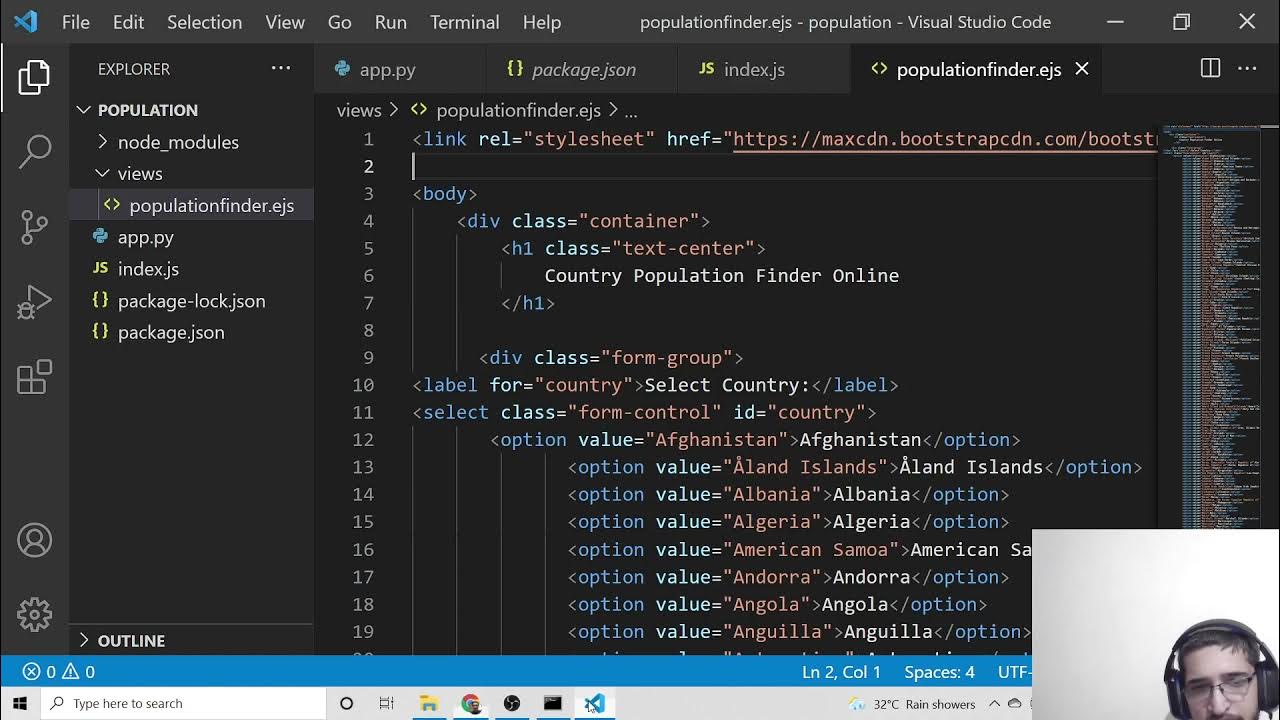 Node.js + Python 3 Web Scraping BS4 Script to Find Population of Country in World Using EJS ...