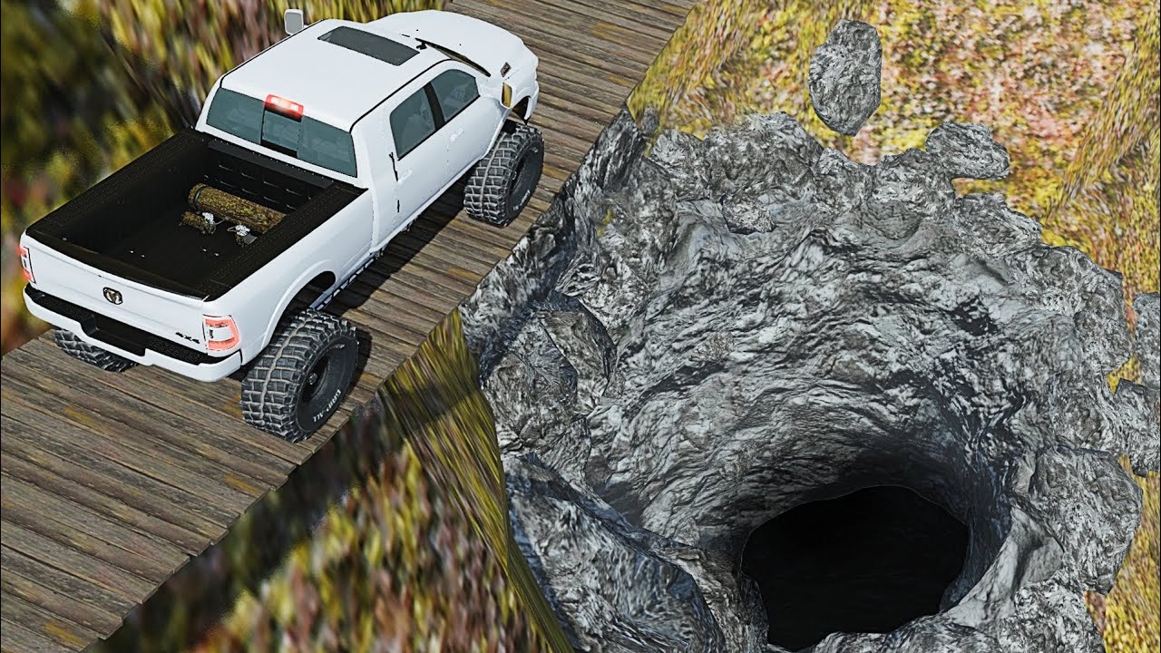 Cars Driving on Suspension Bridge Over Deep Abandoned Cave - BeamNG ...