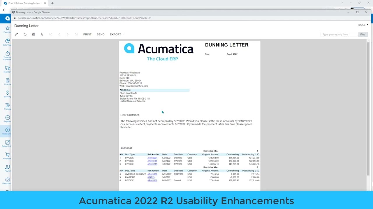 Acumatica 2022R2 Dunning Letters with Unapplied Payments and Credit ...