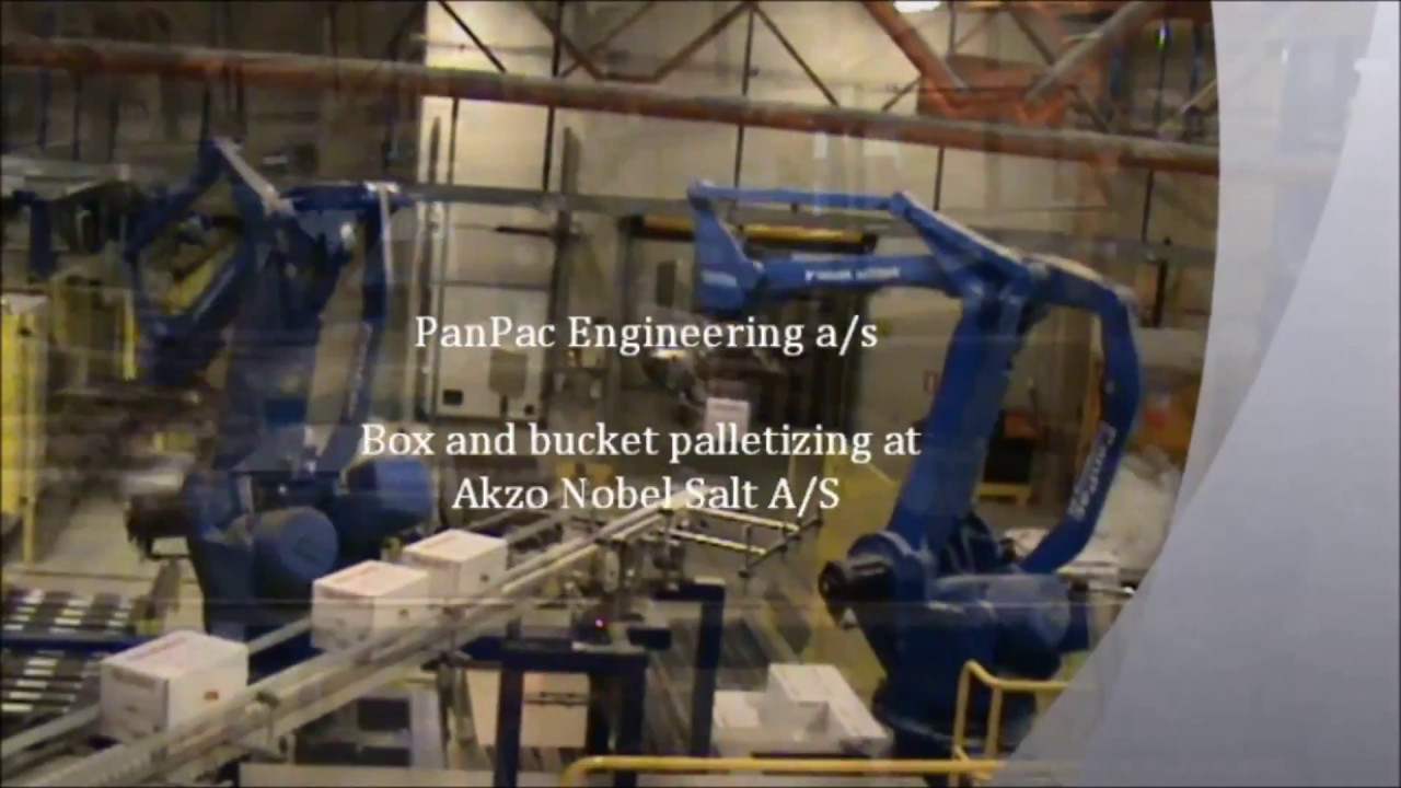 Akzo Nobel Salt A/S box and bucket robot palletizing from PanPac Engineering - YouTube