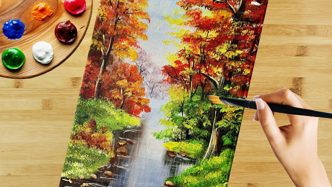 How to Draw Autumn Scenery / Acrylic Painting for Beginners - YouTube
