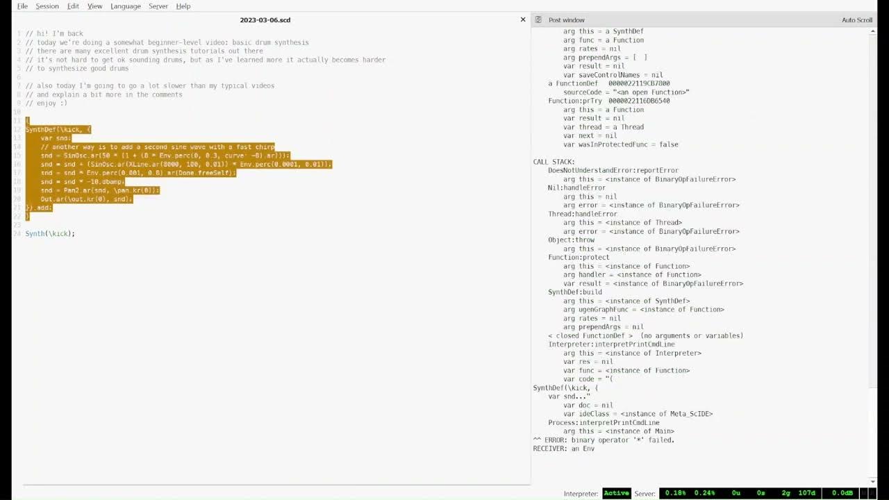 Drum synthesis for beginners (kick + snare) in SuperCollider, part 1 - YouTube