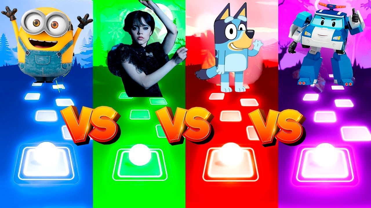 Minions VS Wednesday Addams VS Bluey VS Robocar | Tiles Hop EDM Rush ...