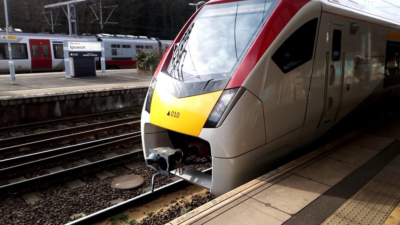 Greater Anglia Class 745 010 arriving and departing Ipswich for London ...