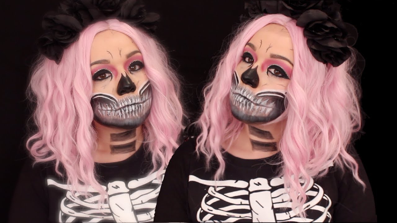 Pink Skeleton Halloween Makeup Tutorial - YouTube