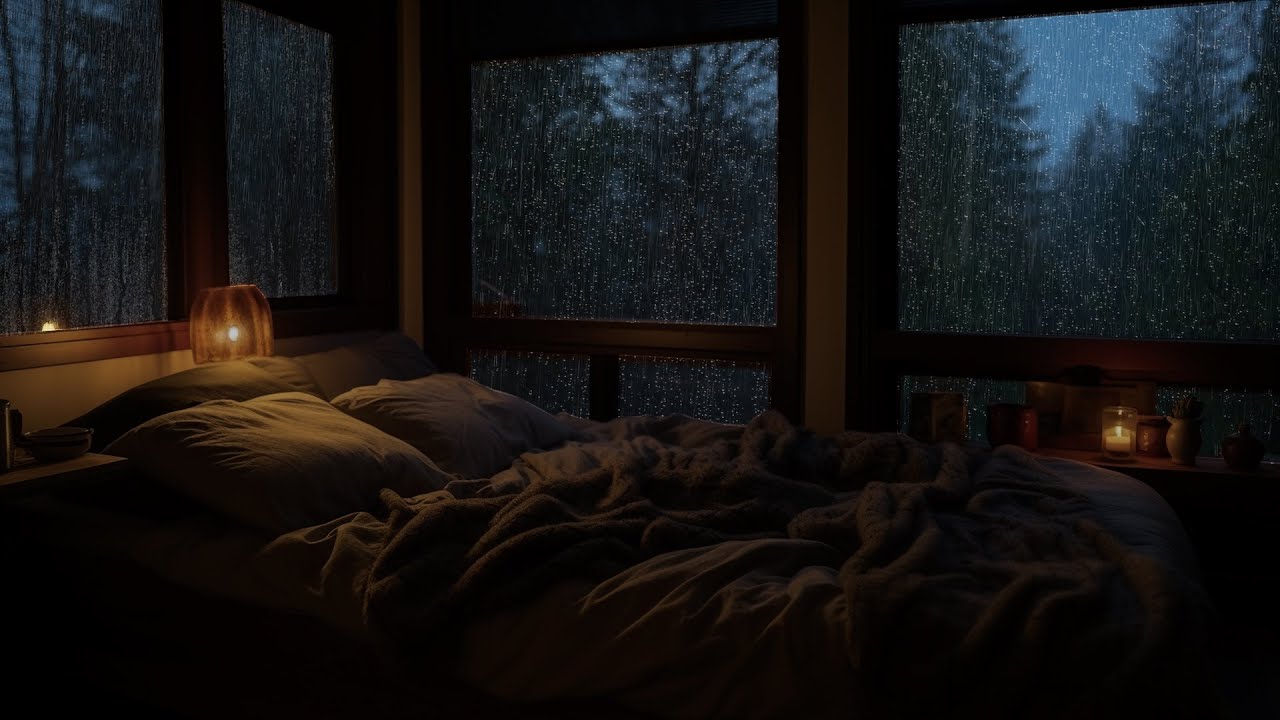 Rainy Night with Cozy Bed - Rain Sounds Resounded in Small Bedroom ...