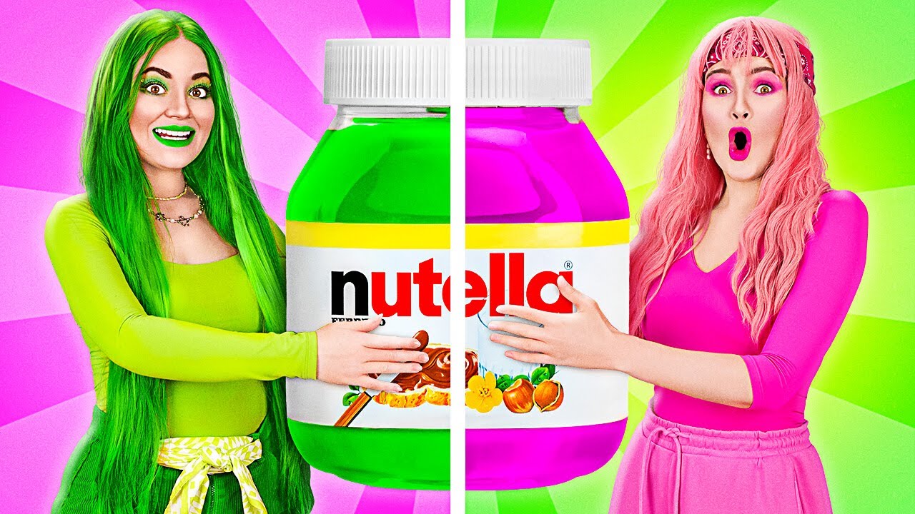 TASTE THE RAINBOW! || Dive into the Green VS Pink One-Color Food Face ...