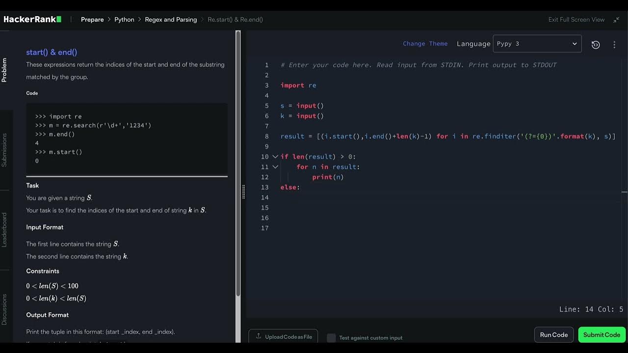 Hackerrank Python Solution 5 Regex And Parsing Re Start And Re End Youtube