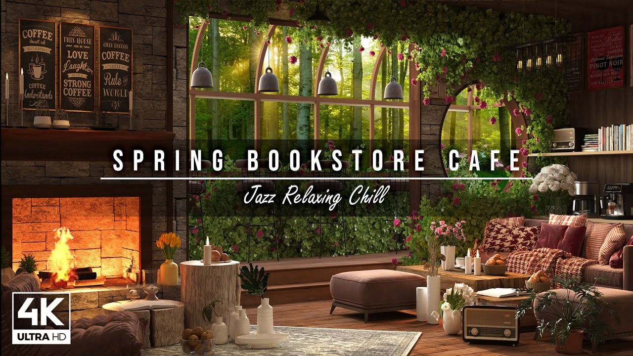 Happy Spring Morning & Relaxing Sweet Jazz Music in Bookstore Cafe ...