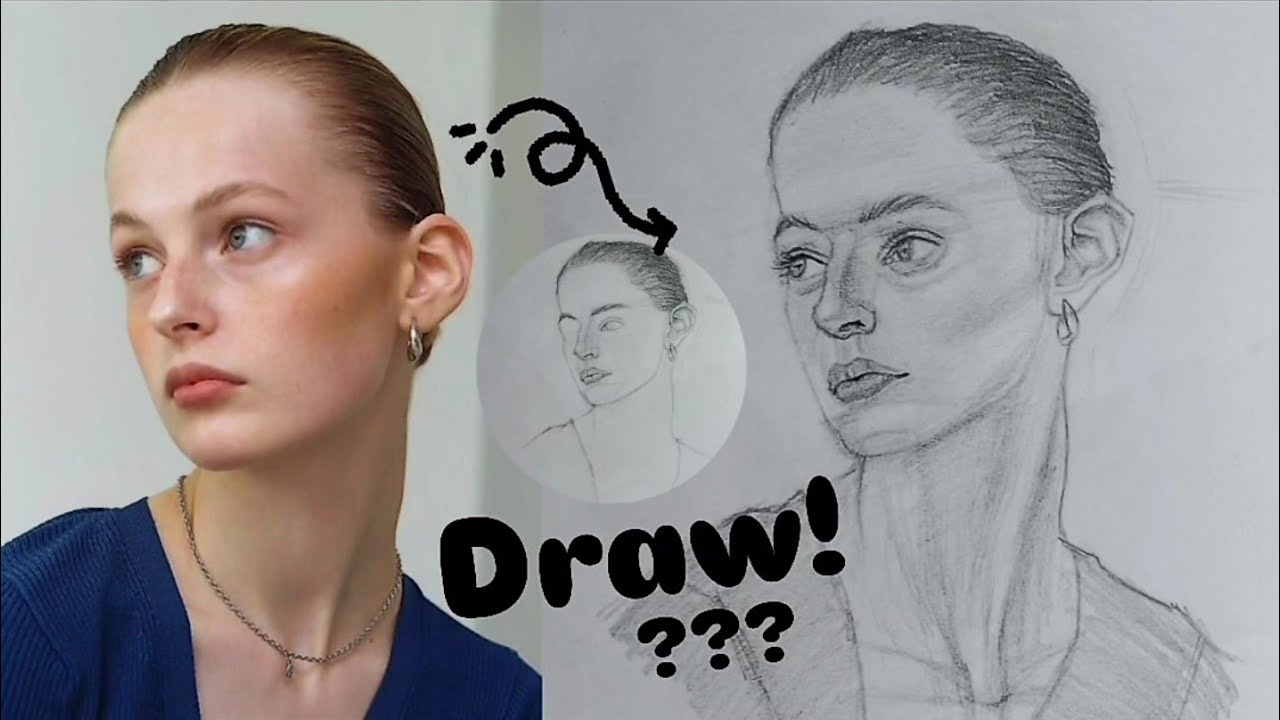 Drawing a girl's face from a difficult angle - YouTube