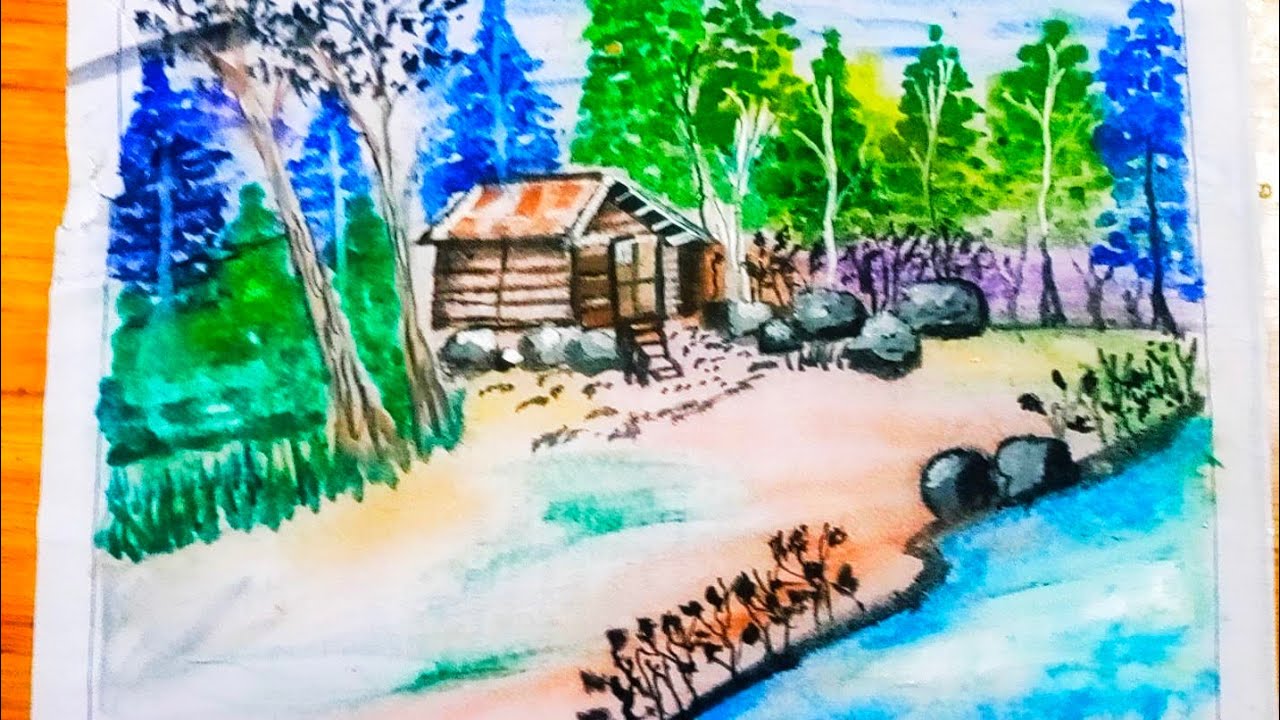 how to draw a scenery with watercolor/ prakritik drishya drawing #easy ...