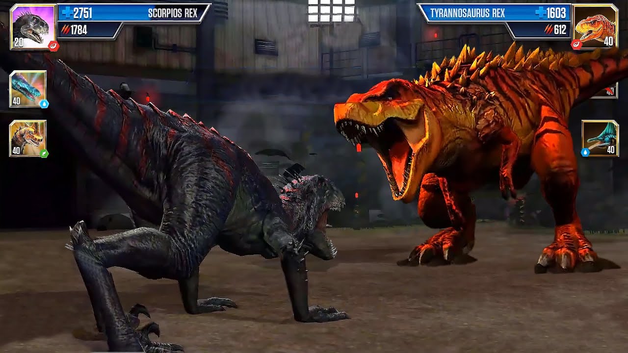 T REX VS SCORPIOS REX - BATTLE | JURASSIC WORLD THE GAME - YouTube