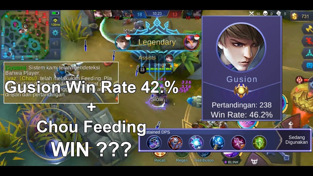 Solo rank, gusion win rate 46.2% + chou team feeder, MASIH BISA WIN ...