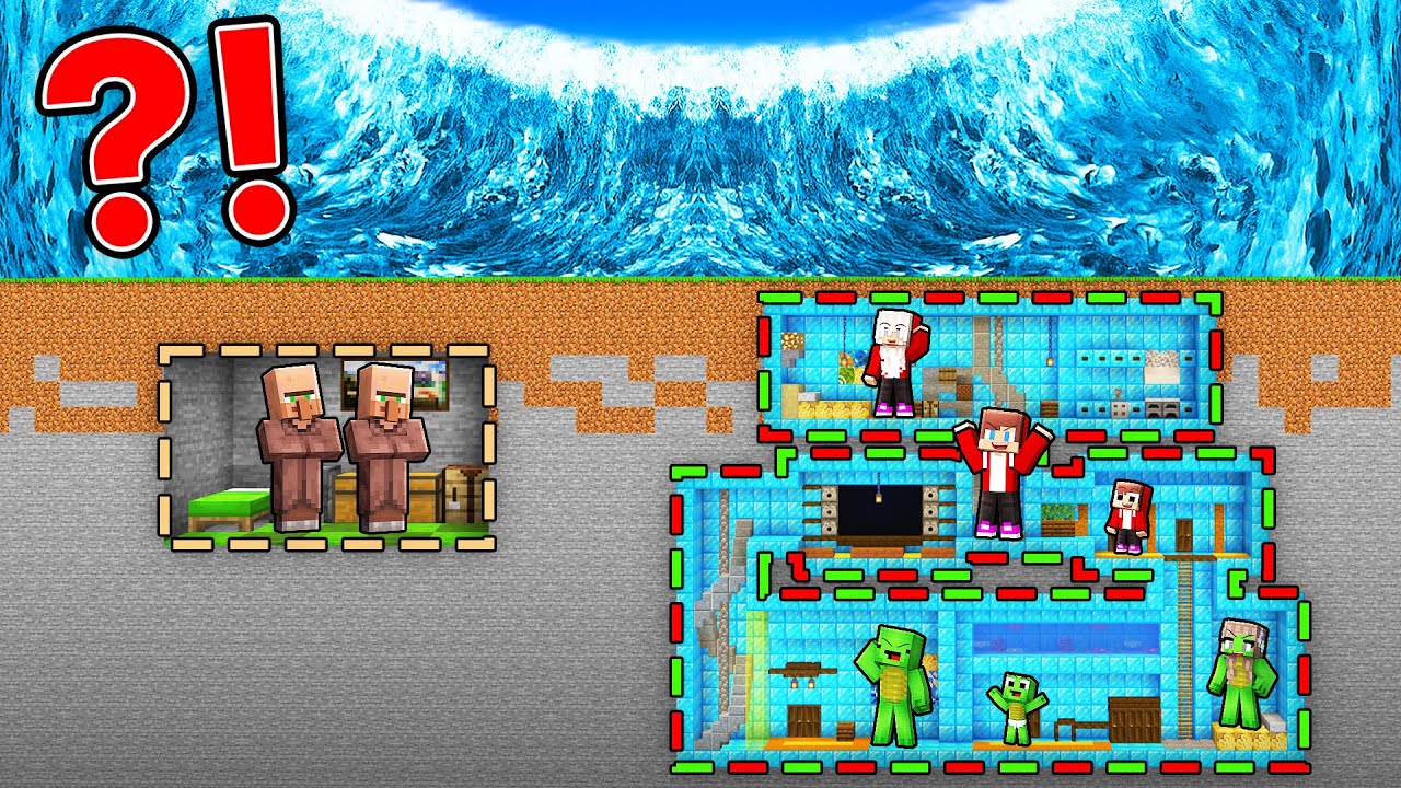 Minecraft: Villager Mega Family Bunker vs. Tsunami Battle (Myzen ...